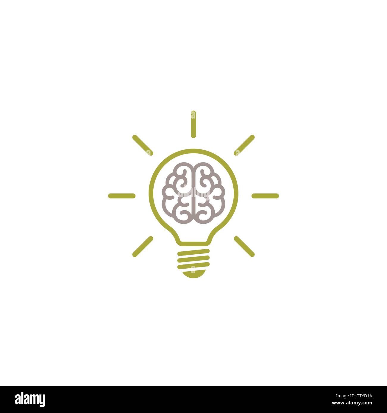 Green bulb with brain and rays flat icon. Isolated on white. New ...