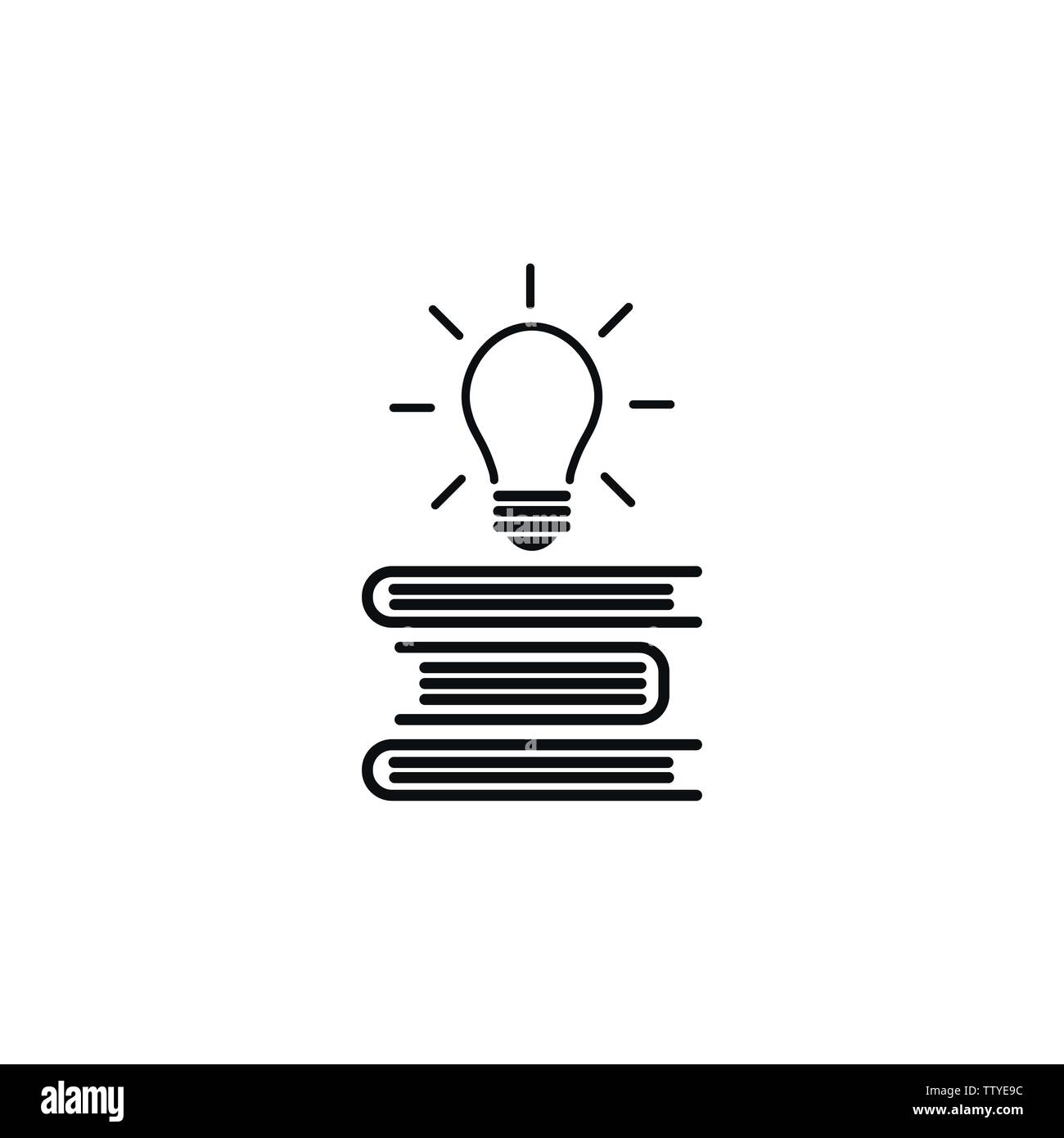 stack of books with shining bulb flying out. Flat outline icon isolated ...