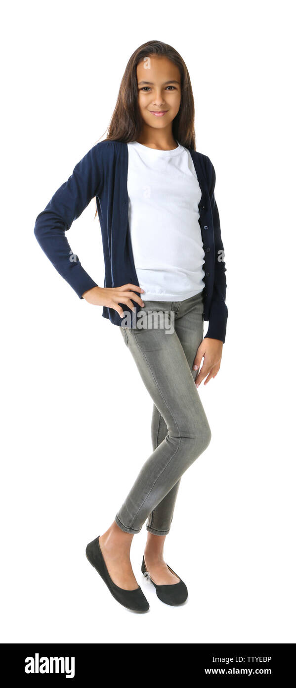 Cute girl on white background Stock Photo - Alamy