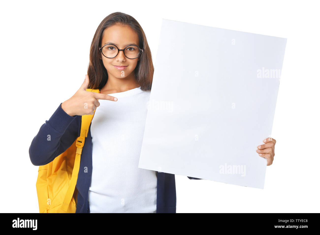Cute girl with blank poster on white background Stock Photo - Alamy
