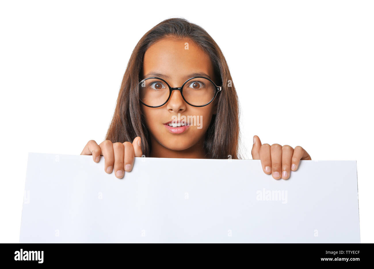 Cute girl with blank poster on white background Stock Photo - Alamy
