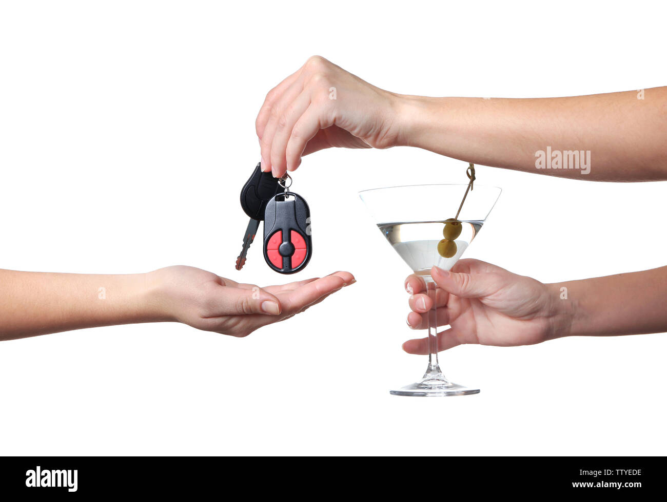 Hands of drunk woman giving car key to her friend, on white background ...