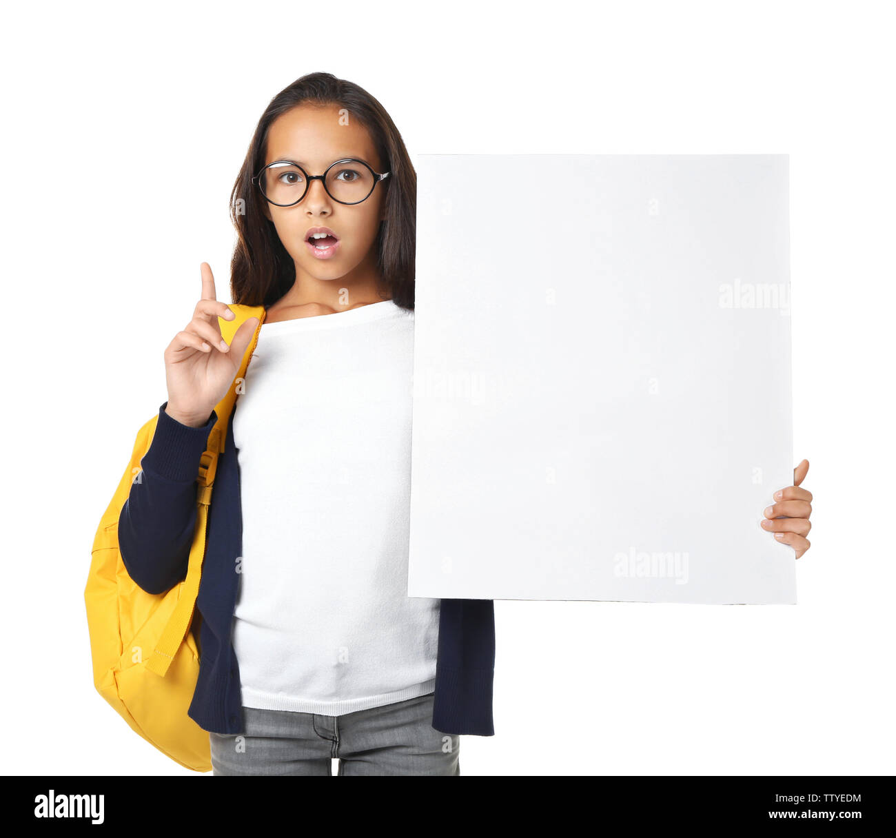 Cute girl with blank poster on white background Stock Photo - Alamy