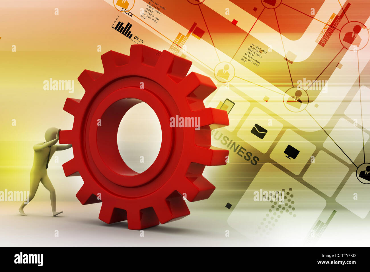 3d man pushing the gear Stock Photo - Alamy