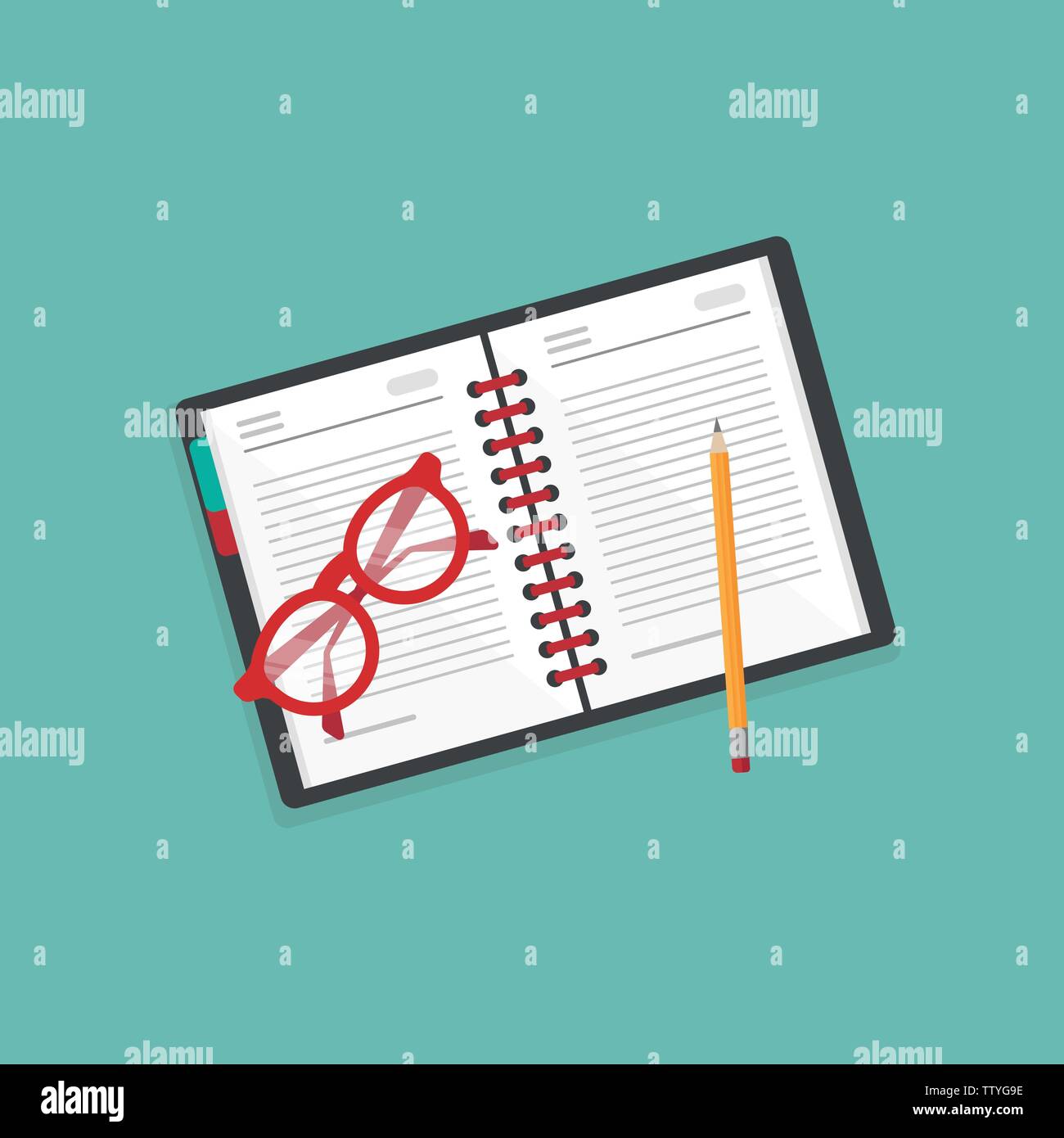 creative writer workplace icon. note book, red glasses and pencil on ...