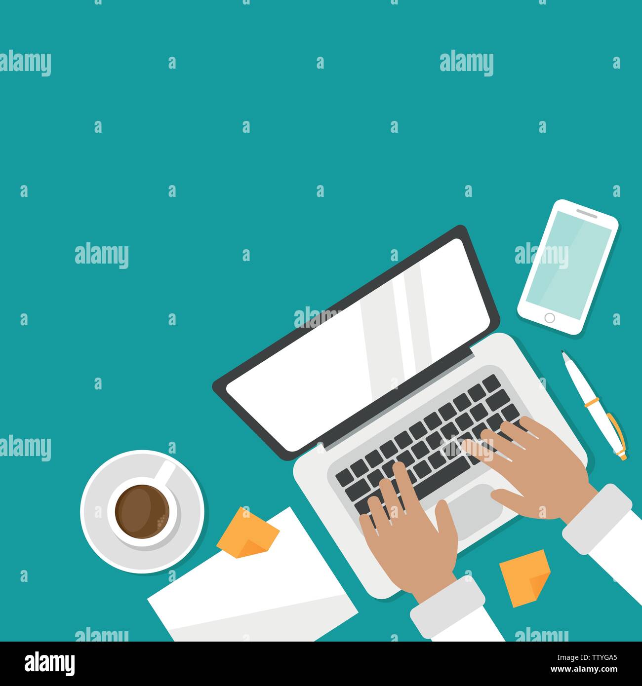 workplace with coffee, smartphone and laptop with hands on the keyboard ...