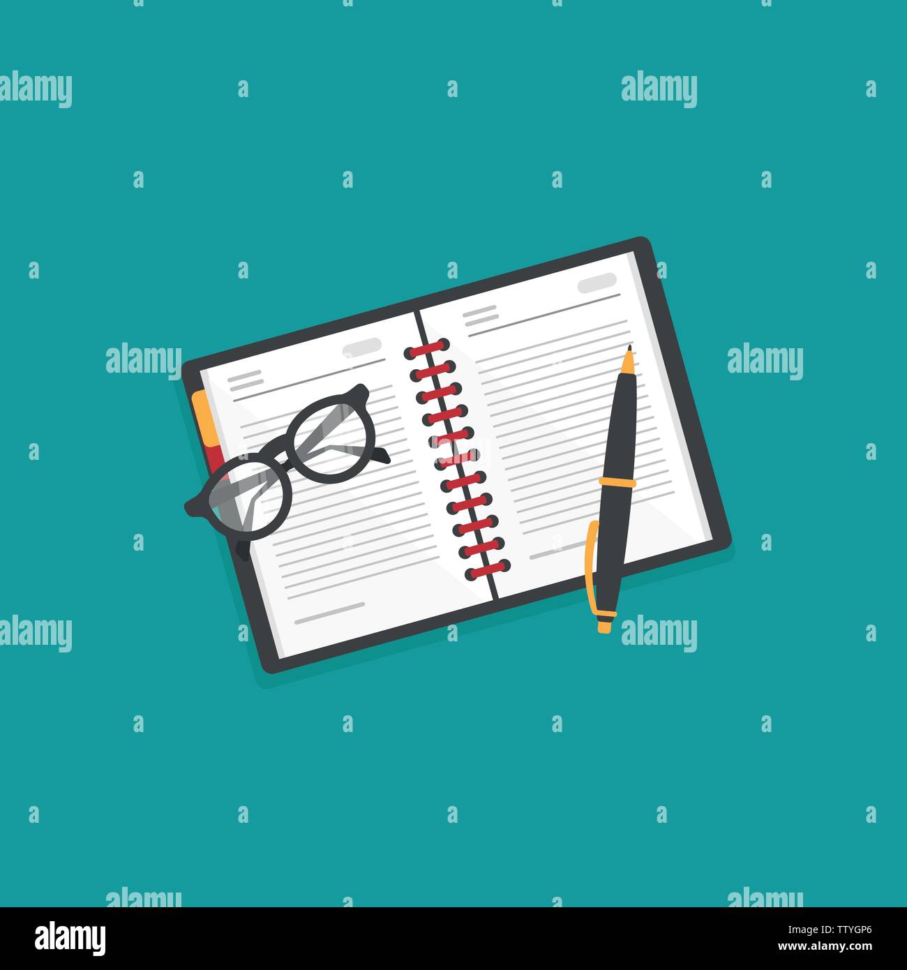 creative writer workplace icon. note book, glasses and pen on blue ...