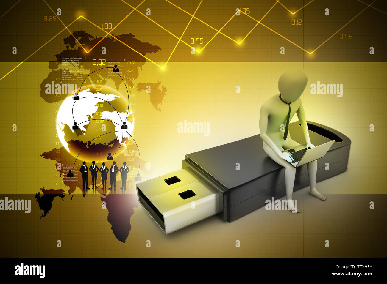 3d man and laptop sitting usb Stock Photo - Alamy