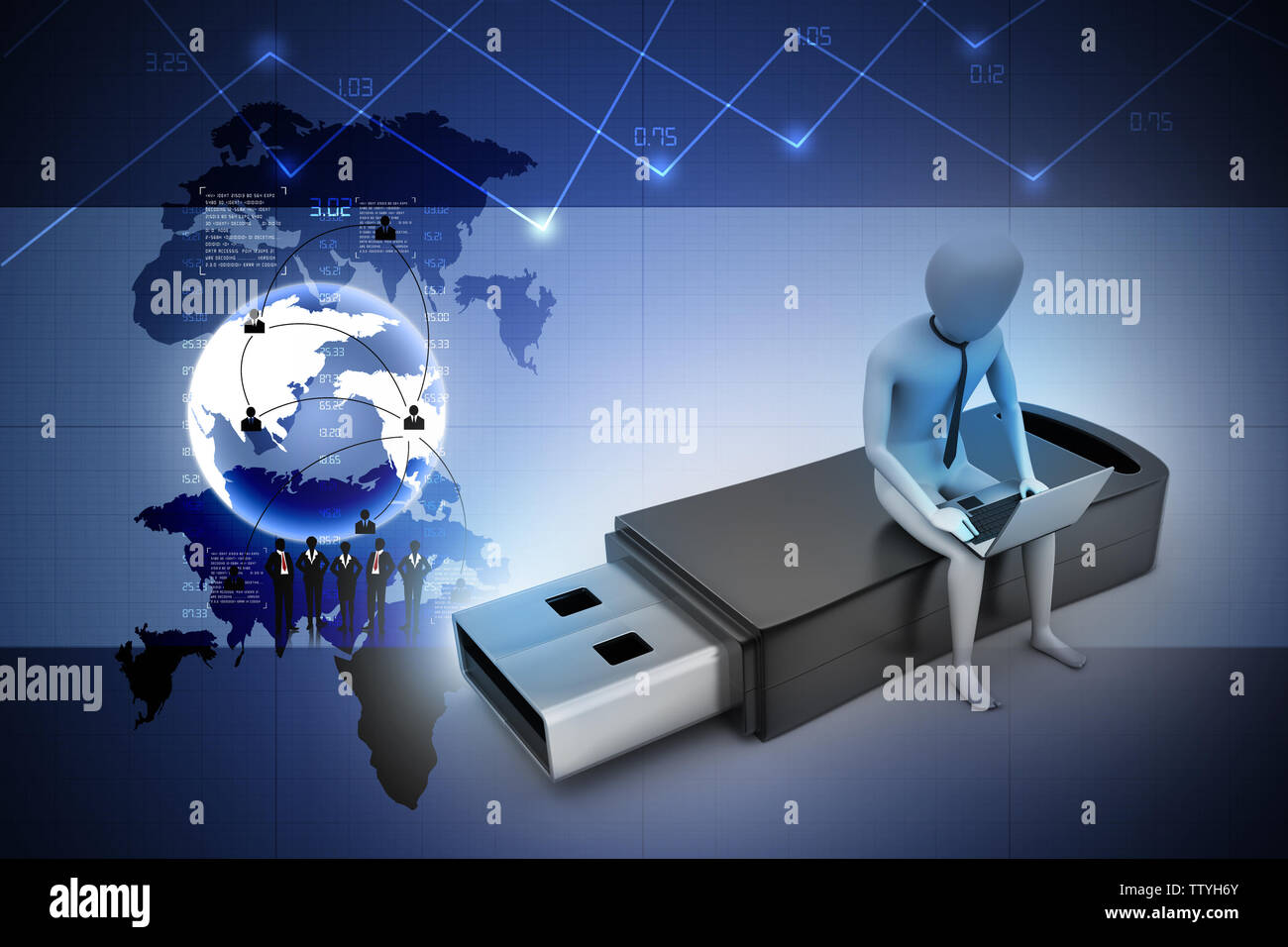 3d man and laptop sitting usb Stock Photo - Alamy