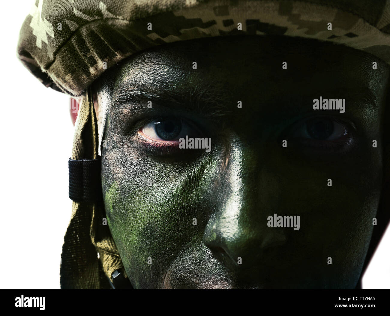 Close up view of soldier with face paint on white background Stock ...