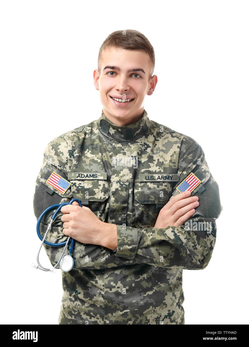 Medical officer with stethoscope on white background Stock Photo - Alamy