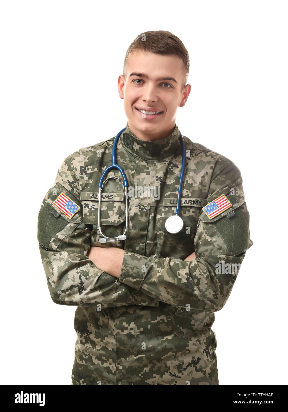 Medical officer with stethoscope on white background Stock Photo - Alamy