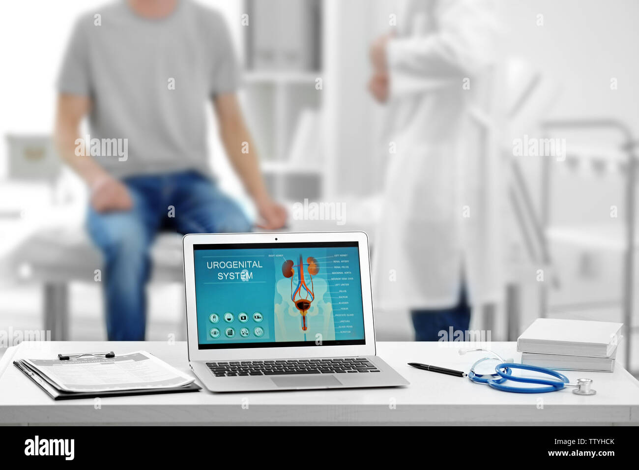 Medical concept. Laptop screen with urology system image on doctor's ...