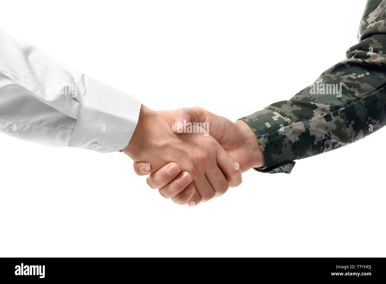 Soldier and civilian shaking hands on white background, closeup Stock ...