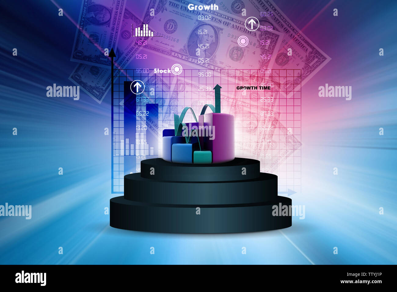 finance pie and bar chart graphs with growing arrow Stock Photo - Alamy
