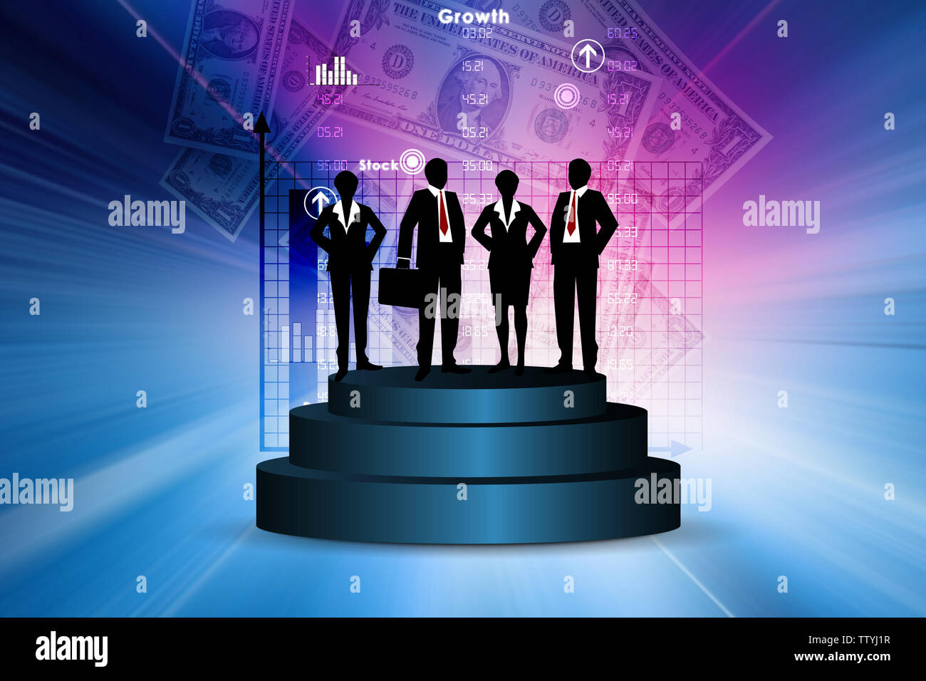 people and bar chart graphs with growing arrow Stock Photo - Alamy