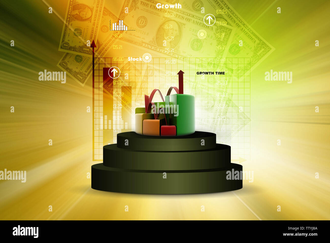 finance pie and bar chart graphs with growing arrow Stock Photo - Alamy