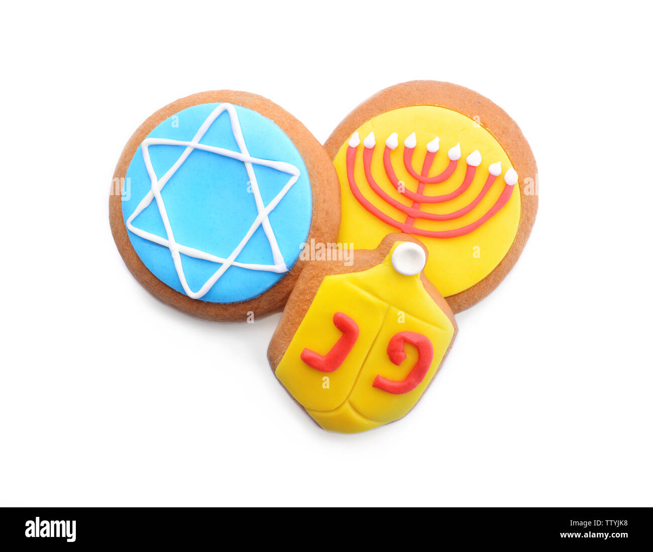 Tasty glazed cookies for Hanukkah, on white background Stock Photo - Alamy