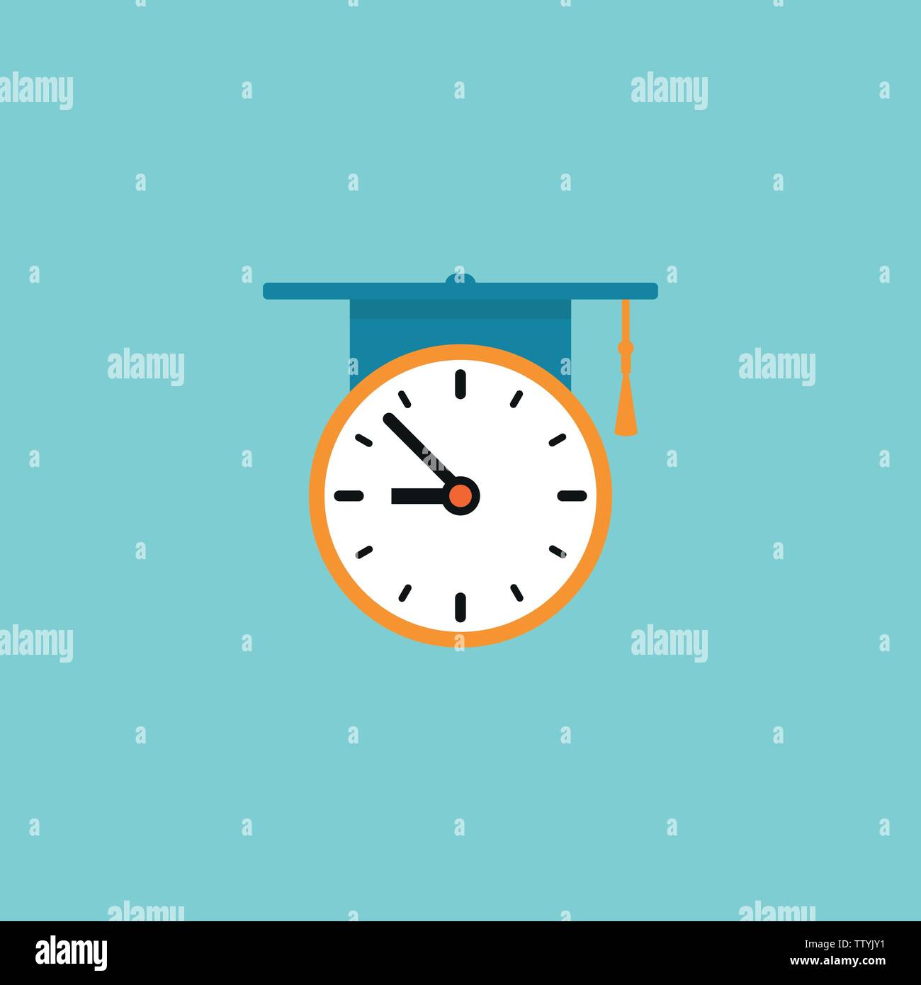 red and white clock with graduation cap or mortar board. flat icon ...