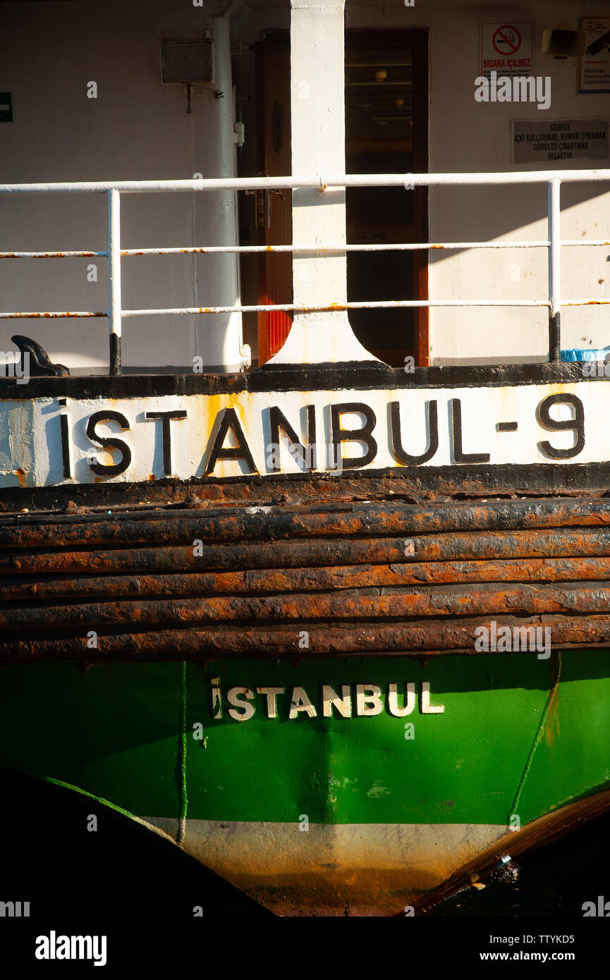 The stern of a Turkish Ferry moored at the port of Karakoy, Istanbul ...