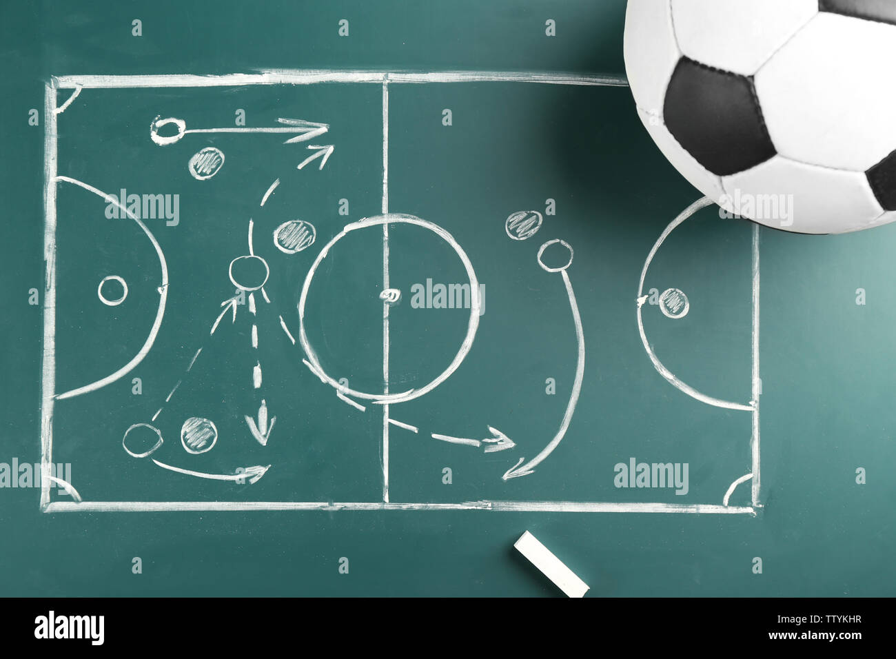 Scheme of football game and ball on green blackboard background Stock ...