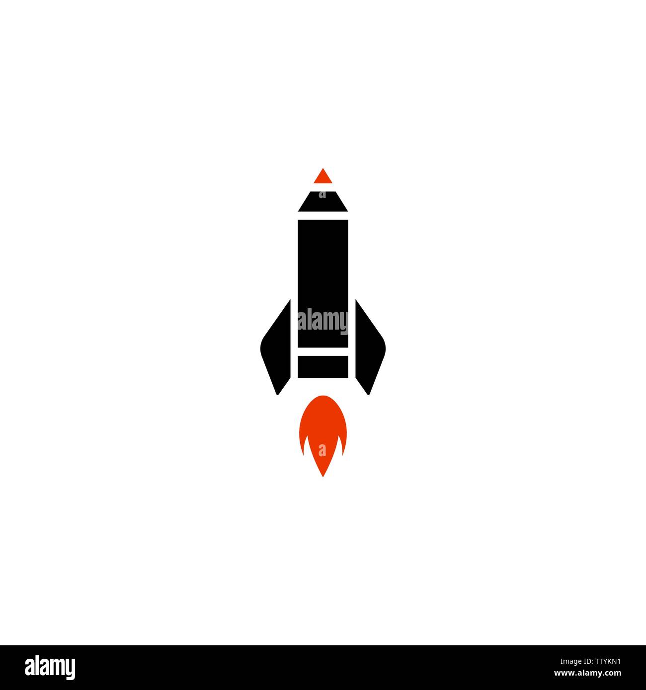 Outline pencil rocket ship with fire. Isolated on white. Flat line icon ...