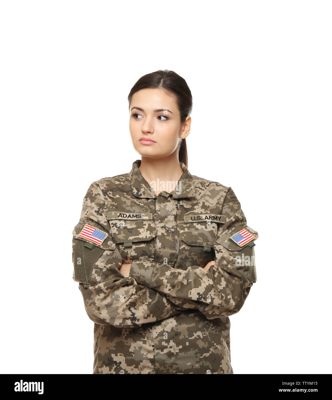 Pretty female soldier on white background Stock Photo - Alamy