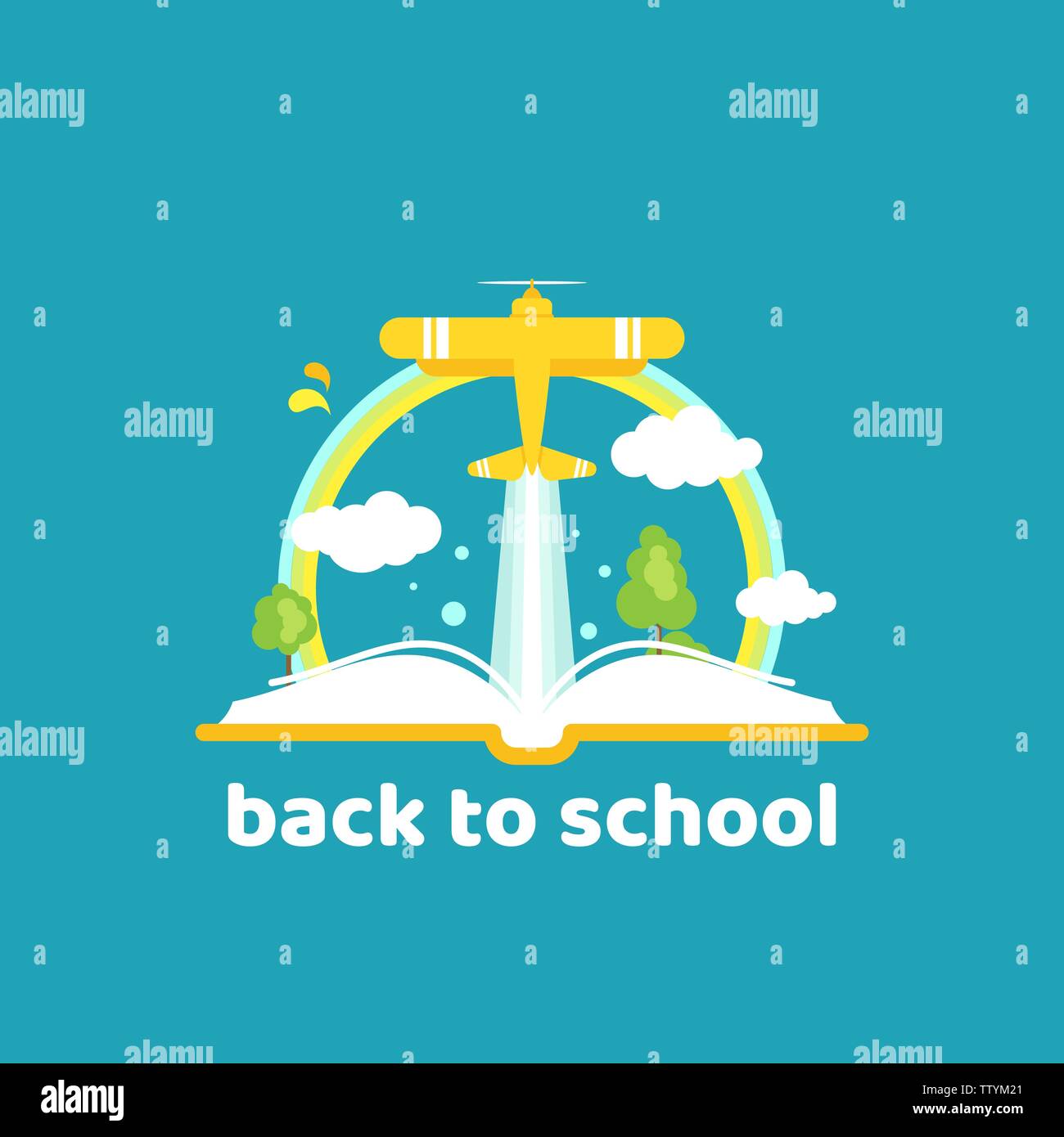 Open book with yellow air plane, clouds and rainbow. Isolated on blue ...