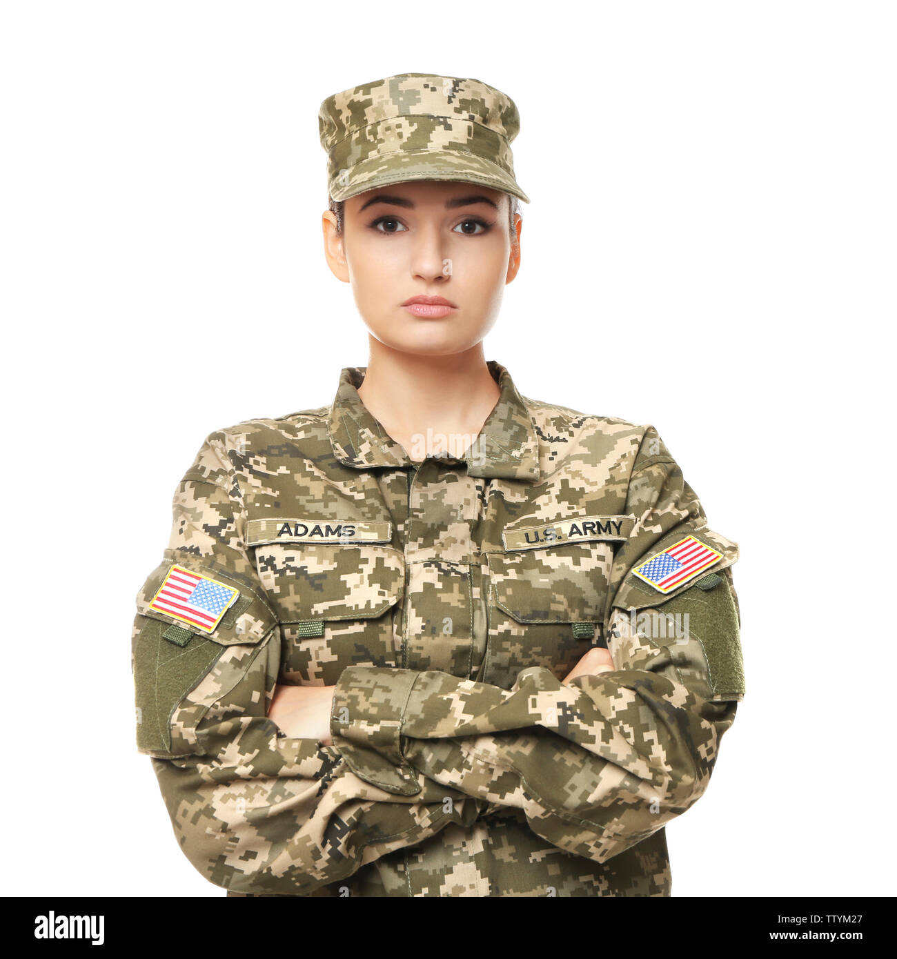 Pretty female soldier on white background Stock Photo - Alamy