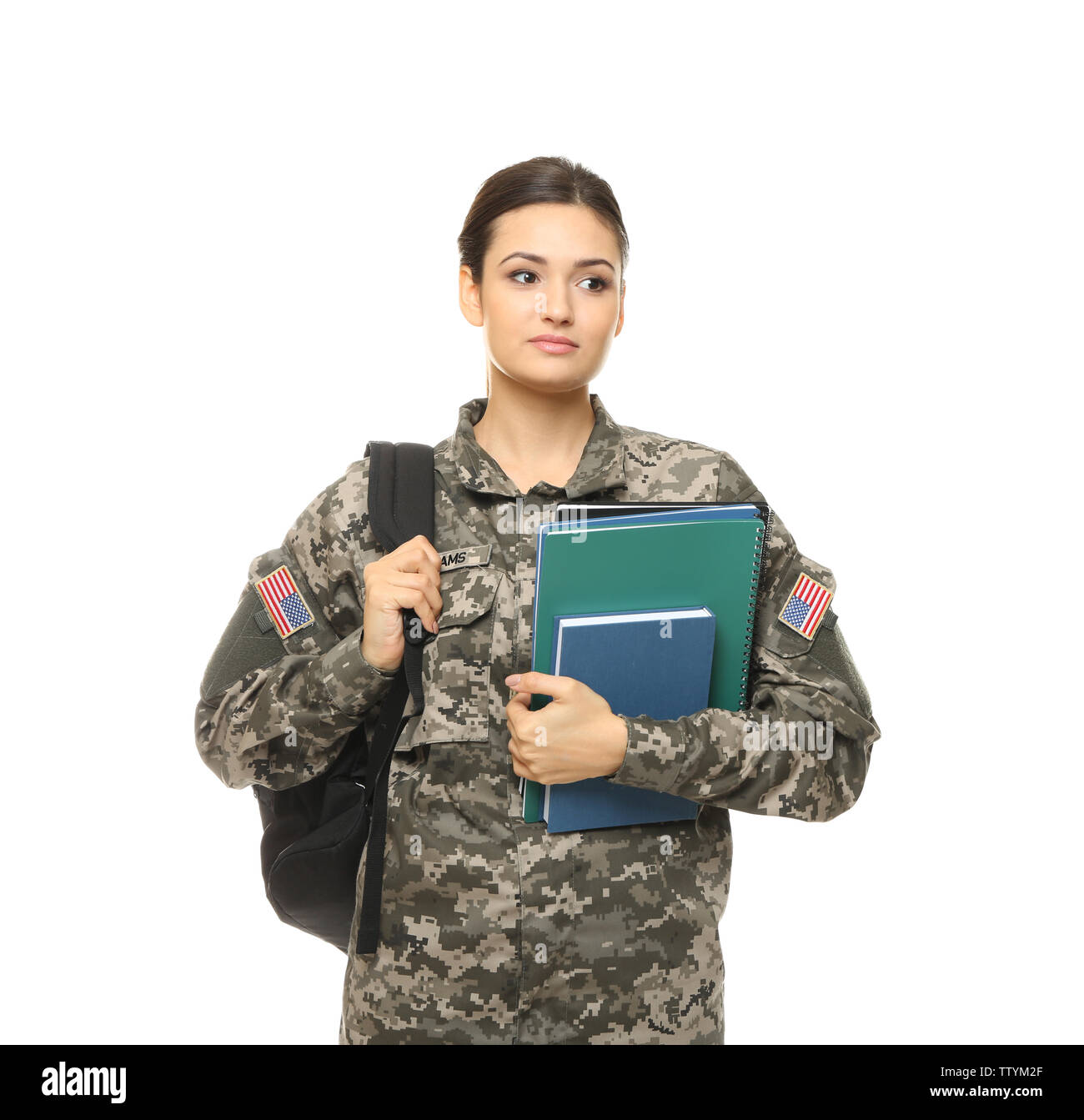 Pretty female cadet of military school on white background Stock Photo ...