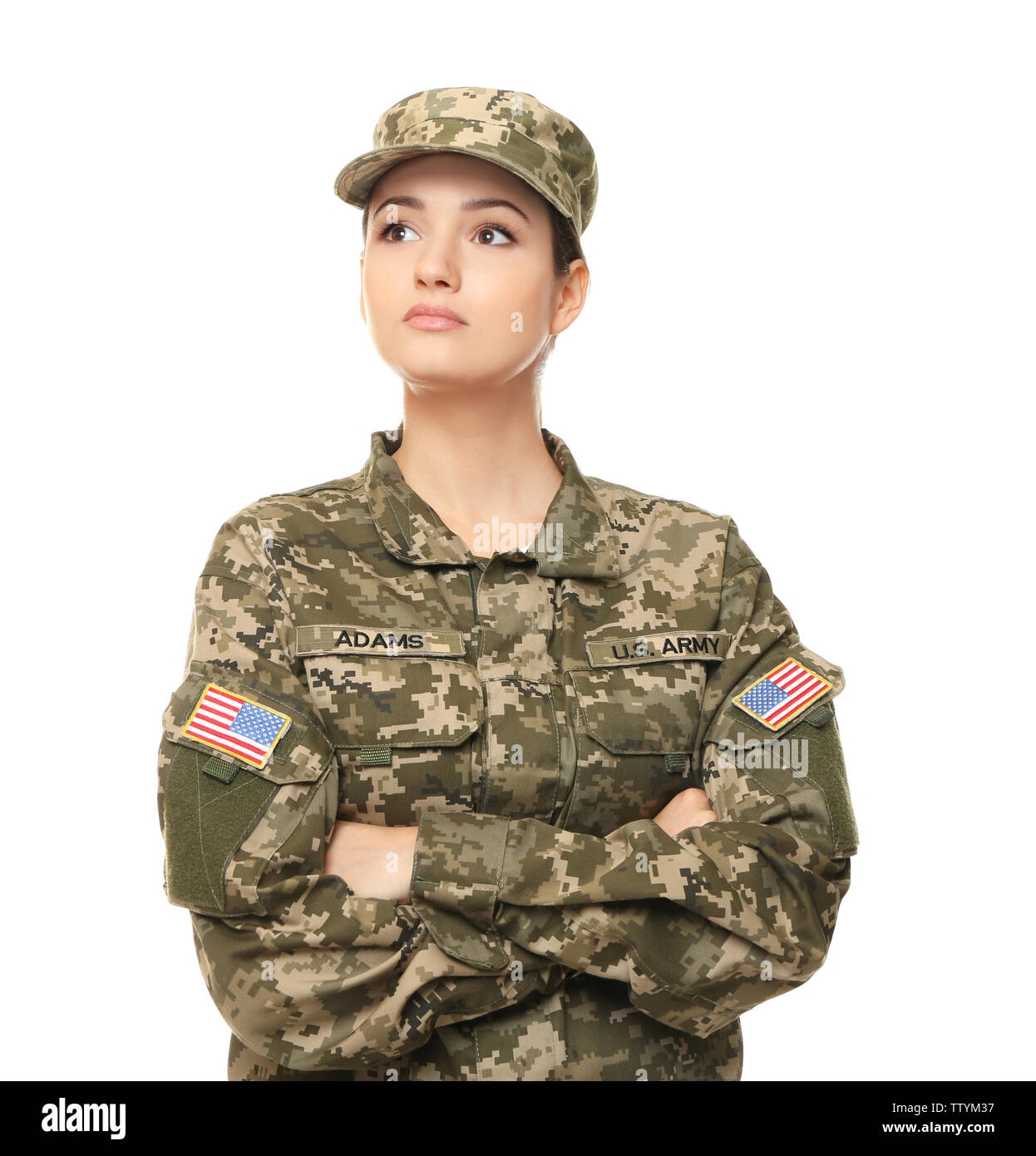 Pretty female soldier on white background Stock Photo - Alamy
