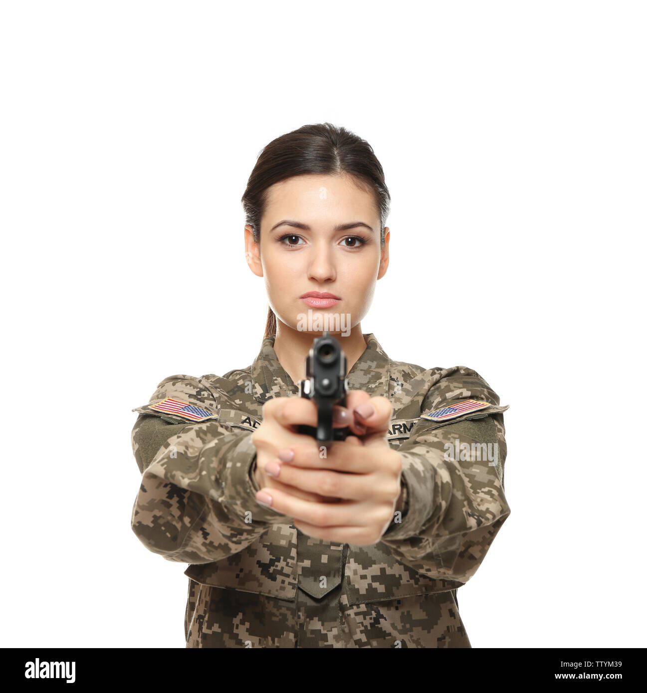 Pretty female soldier with pistol on white background Stock Photo - Alamy