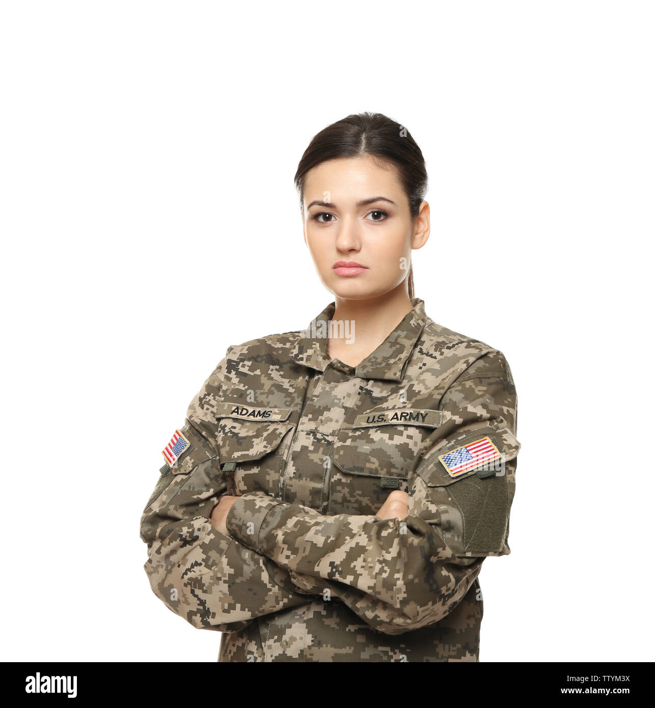 Pretty female soldier on white background Stock Photo - Alamy