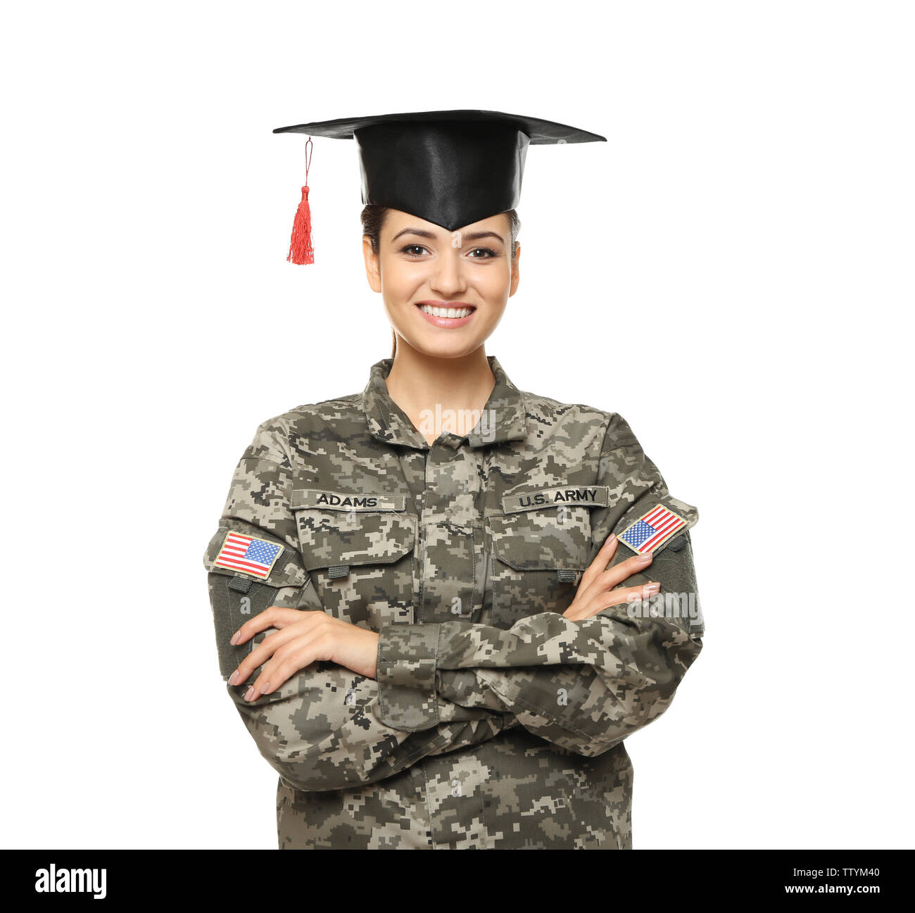 Pretty female soldier wearing graduation cap, on white background Stock ...