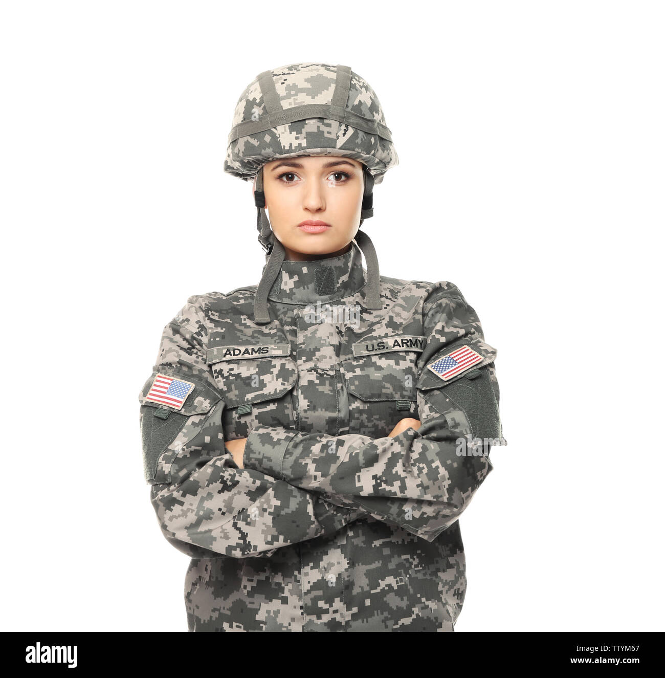 Pretty female soldier on white background Stock Photo - Alamy