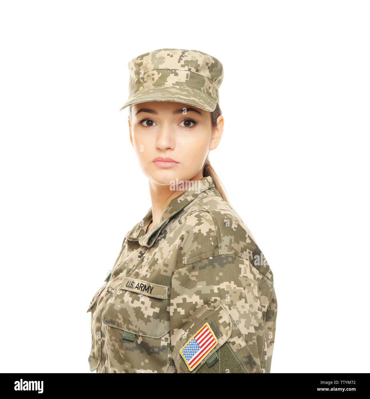 Pretty female soldier on white background Stock Photo - Alamy