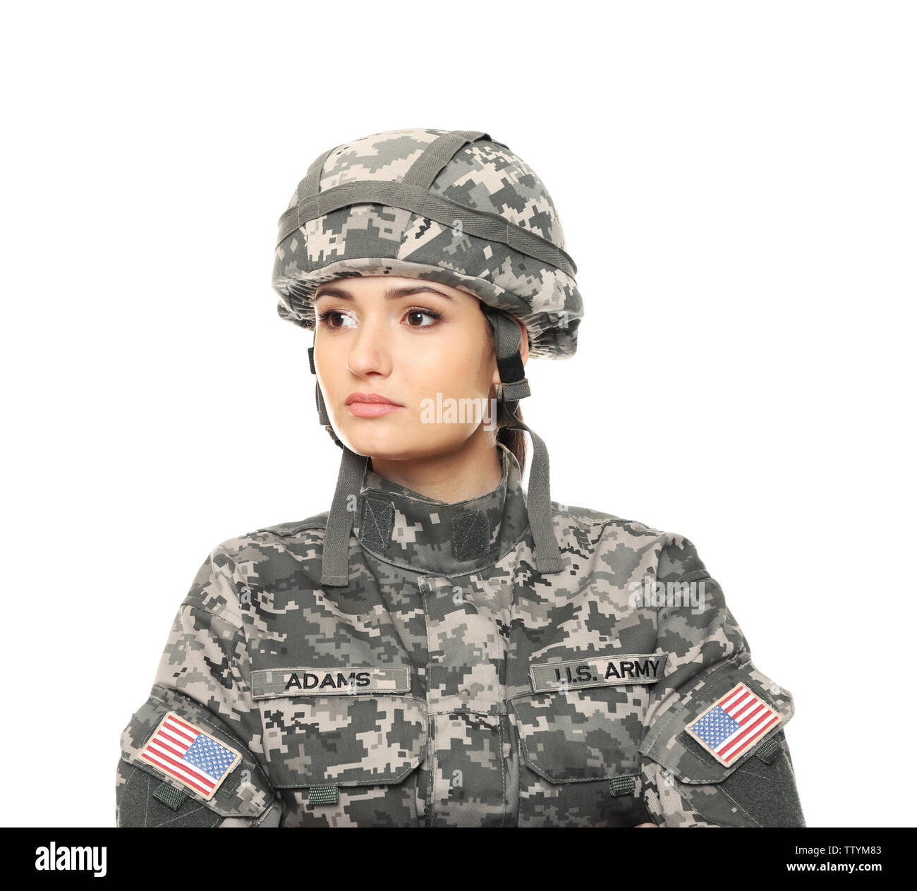 Pretty female soldier on white background Stock Photo - Alamy