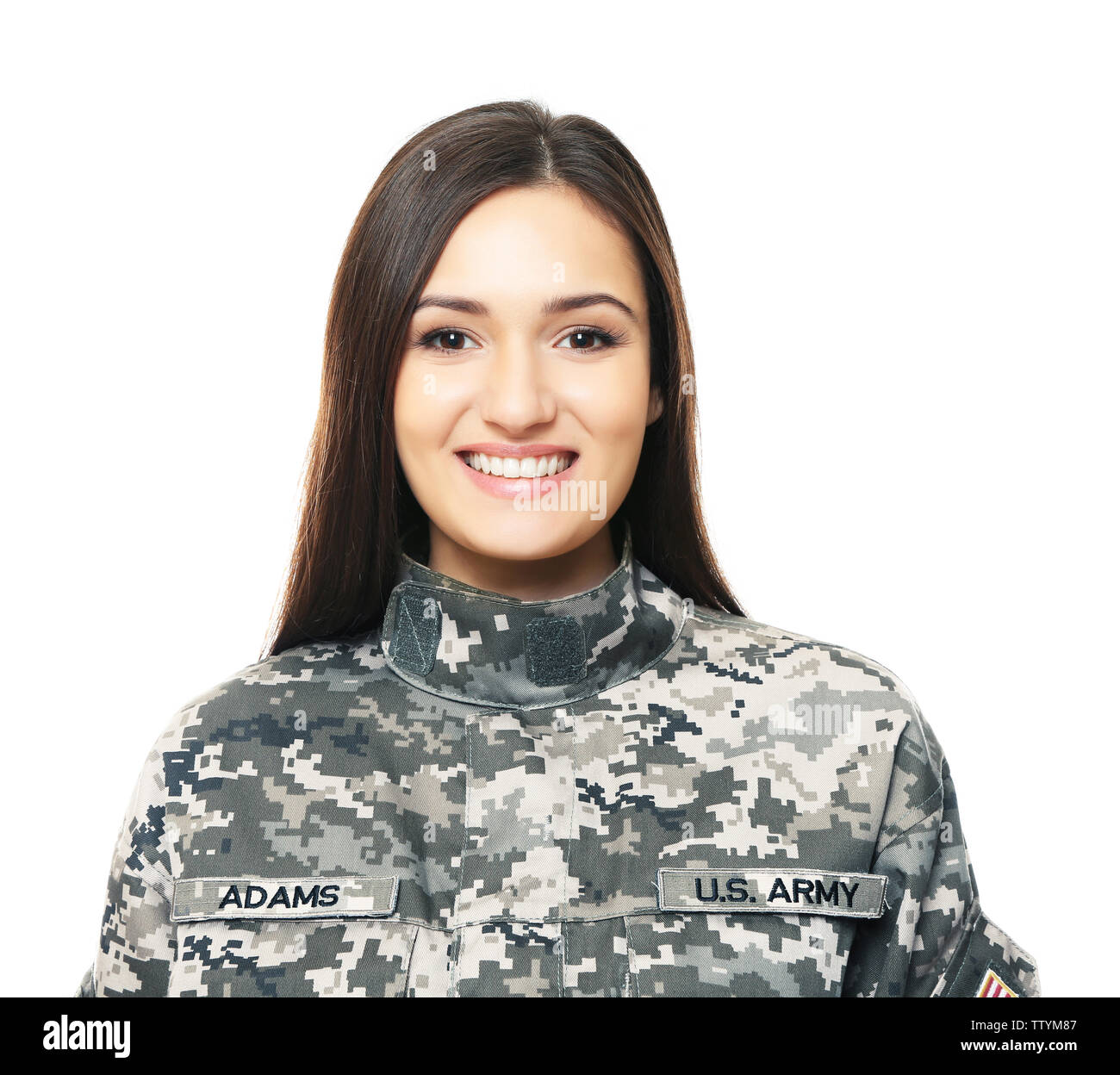 Pretty female soldier on white background Stock Photo - Alamy