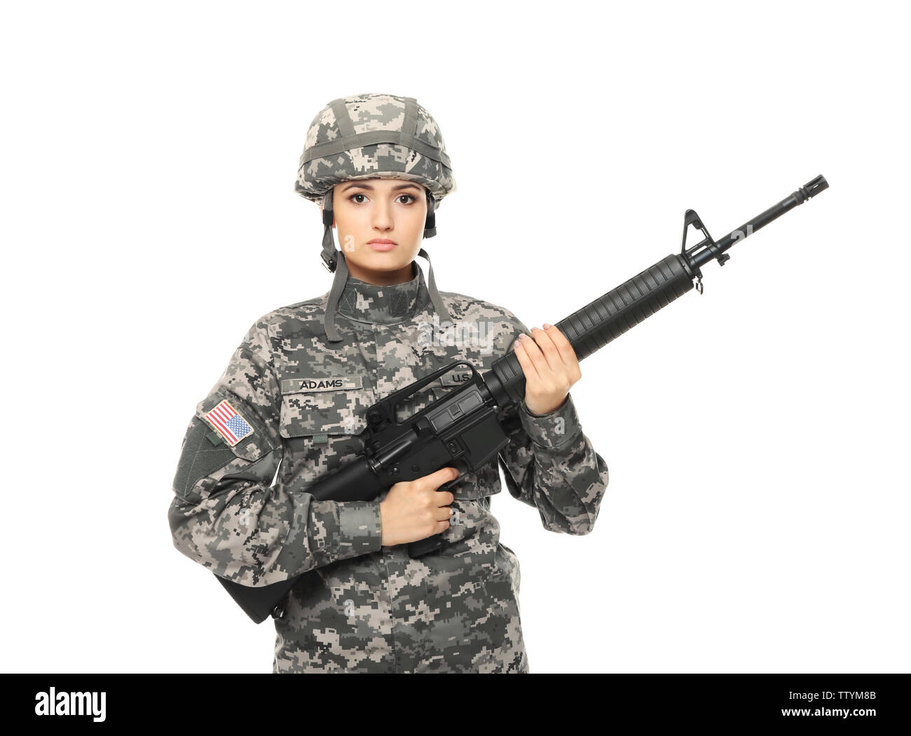 Pretty female soldier with assault riffle on white background Stock ...