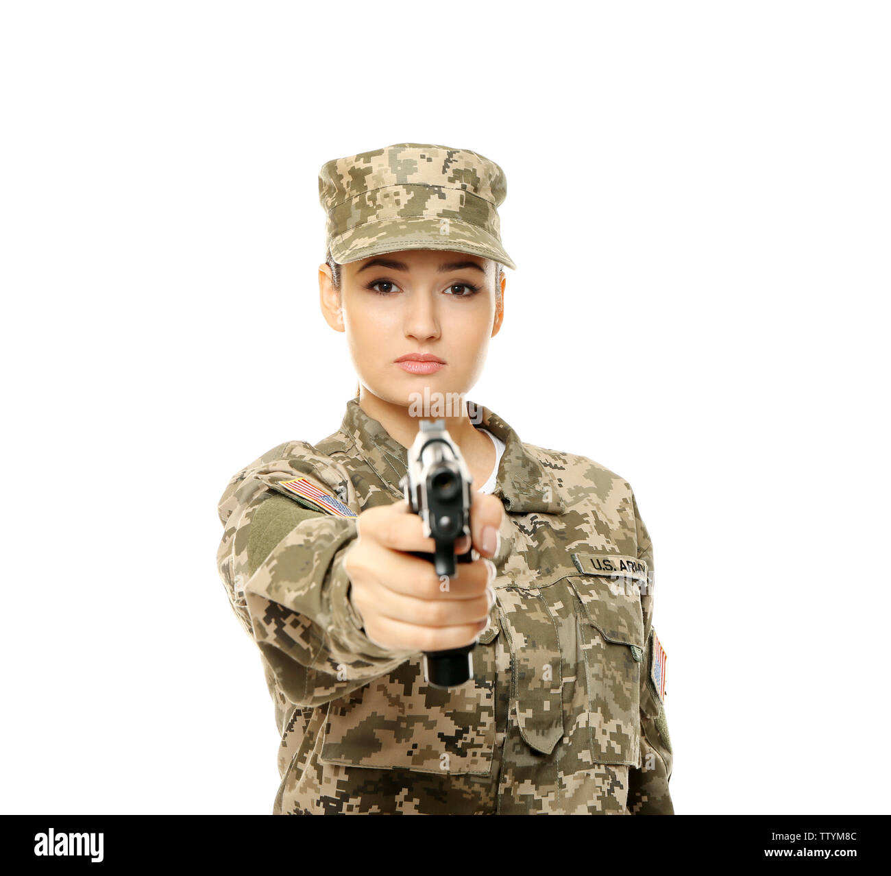 Pretty female soldier with pistol on white background Stock Photo - Alamy