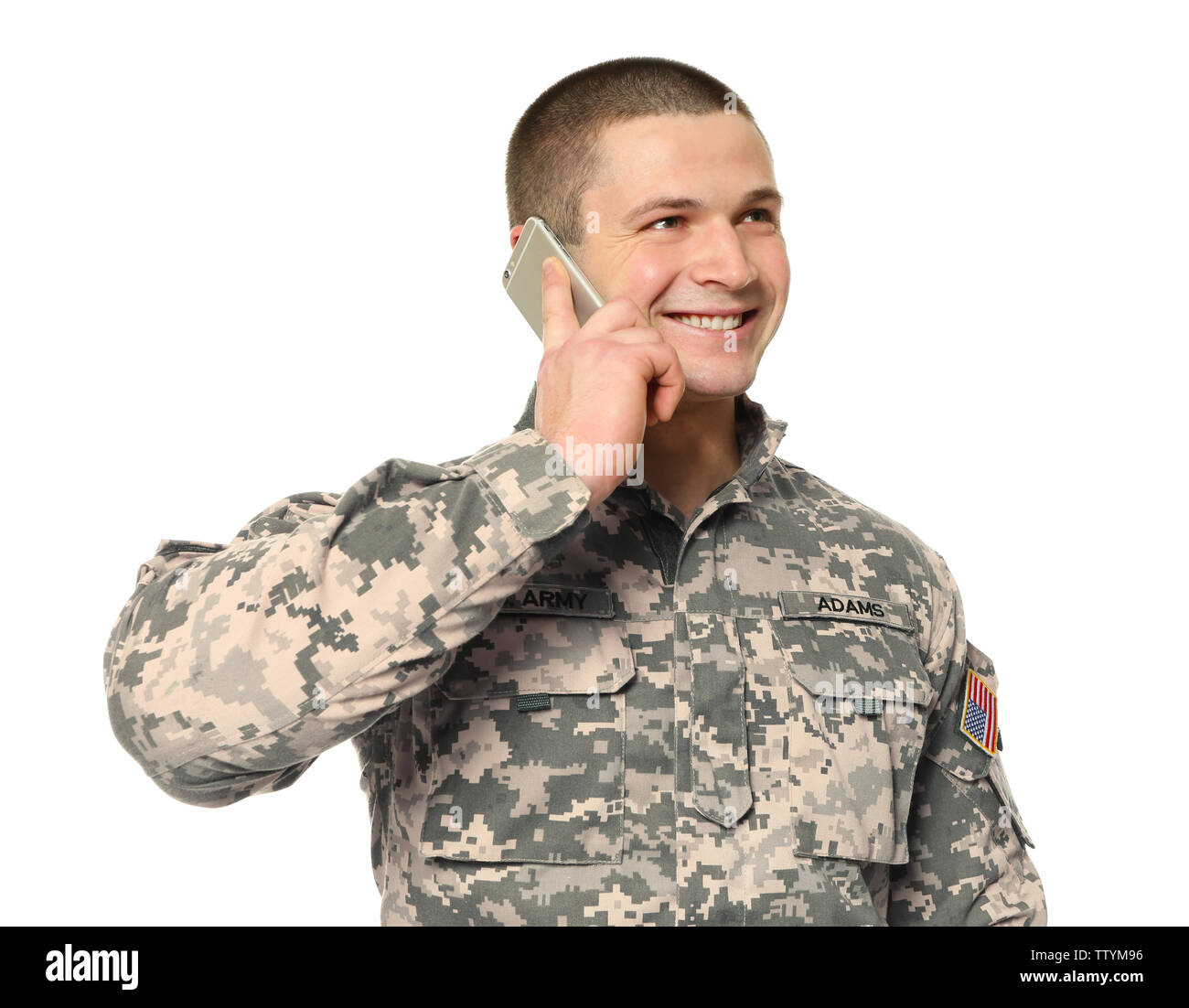 Soldier talking on mobile phone on white background Stock Photo - Alamy