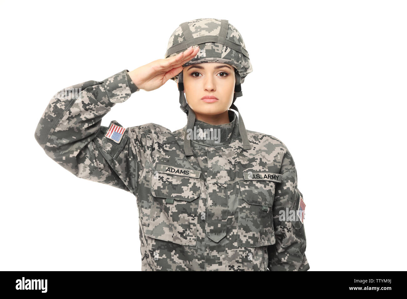 Pretty female soldier saluting on white background Stock Photo - Alamy
