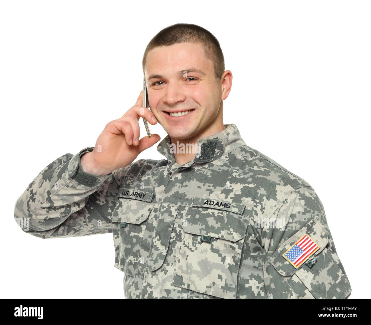 Army soldier talking on mobile hi-res stock photography and images - Alamy