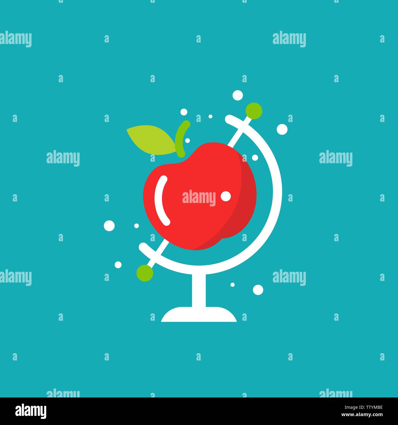Globe with red apple on blue background. flat Earth planet model ...