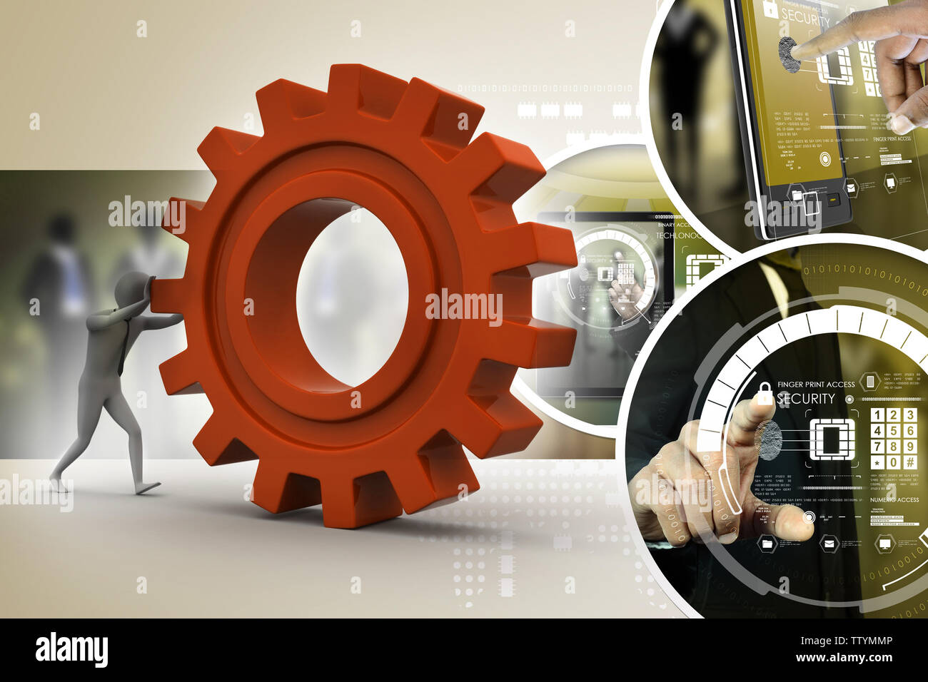 3d man pushing the gear Stock Photo - Alamy