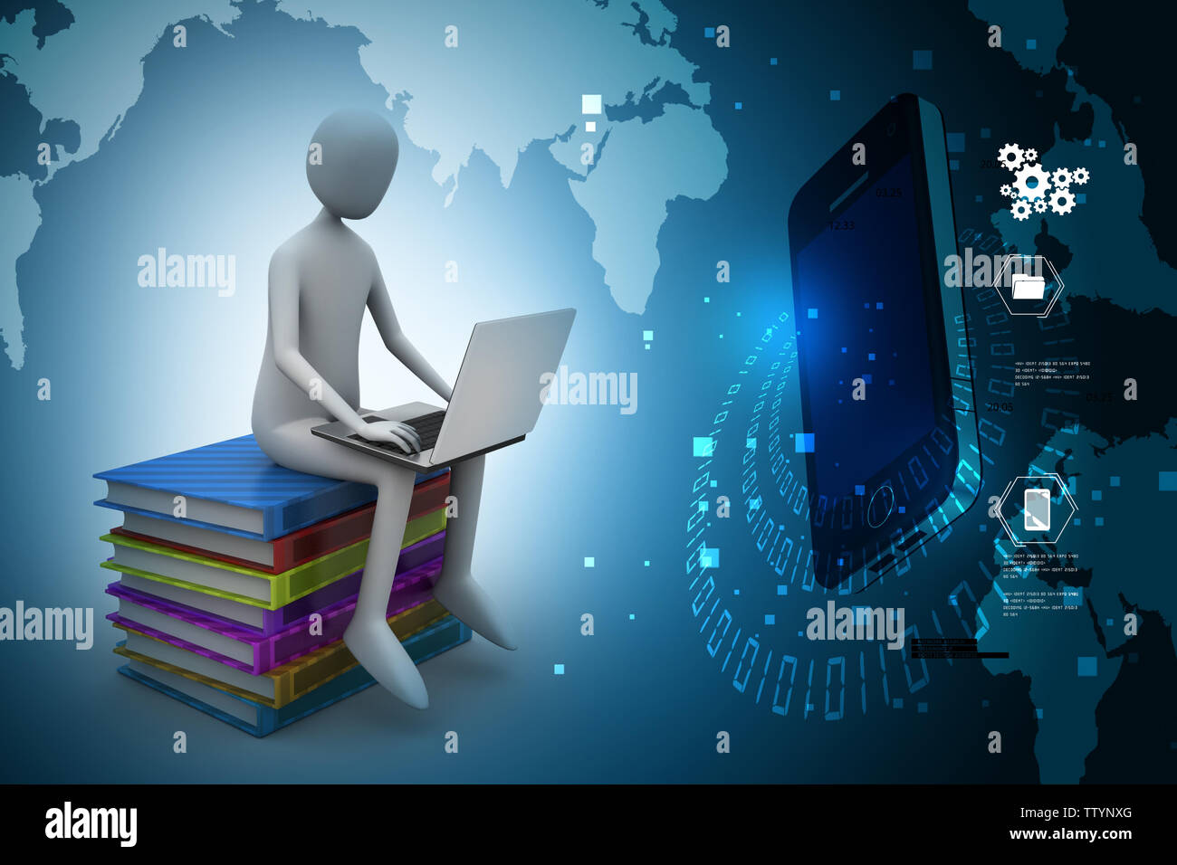 3d man sitting on books and working at his laptop Stock Photo - Alamy