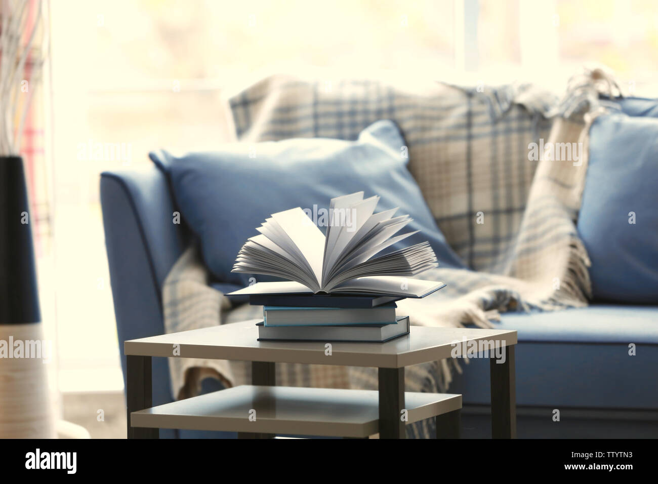 Design interior. Sofa and table with stack of books Stock Photo - Alamy