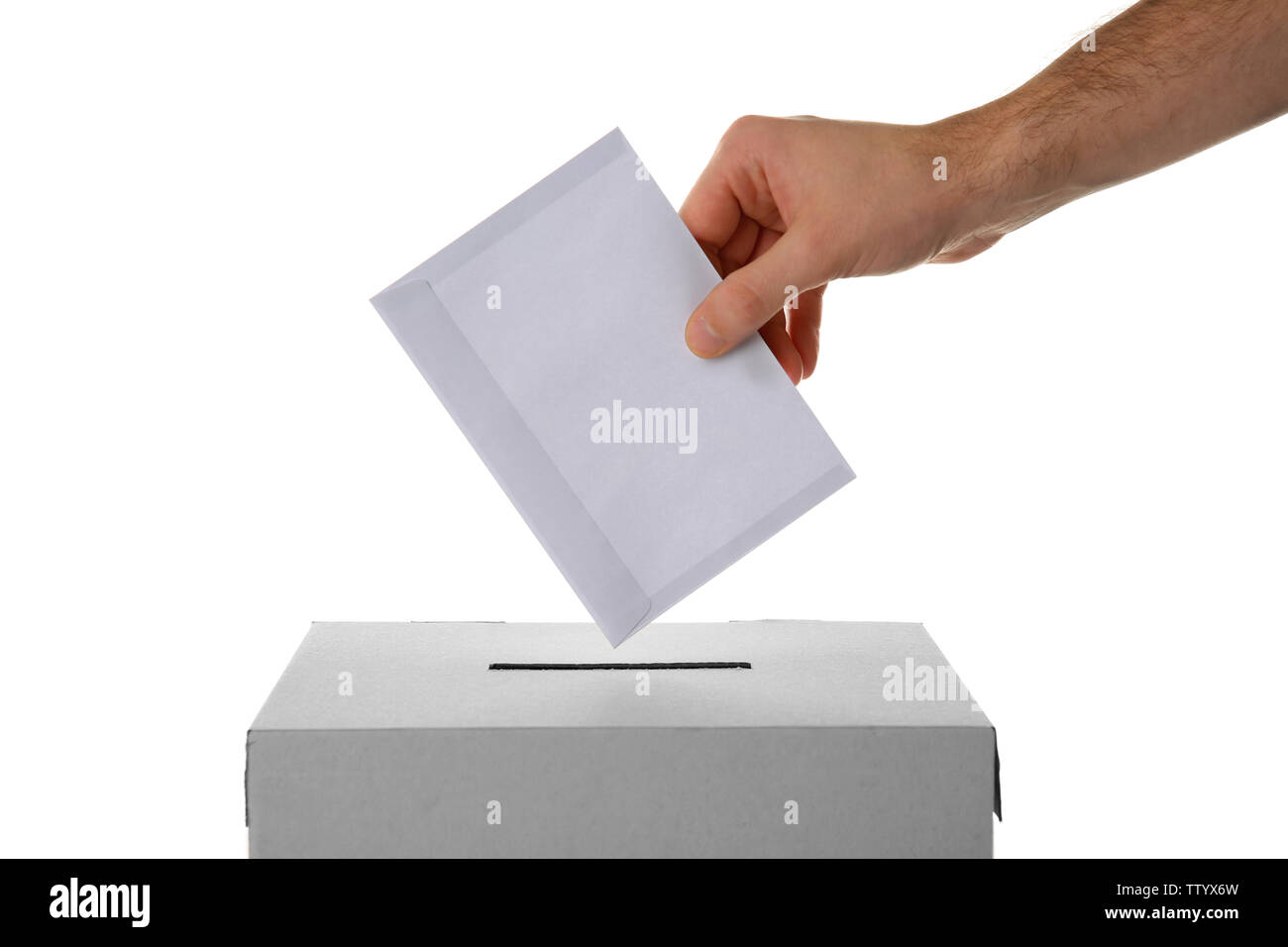 Male hand putting voting ballot into the box on white background Stock ...