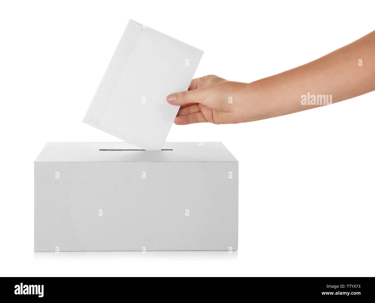 Female hand putting voting ballot into the box on white background ...