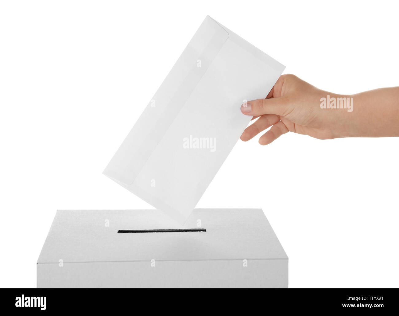 Female hand putting voting ballot into the box on white background ...